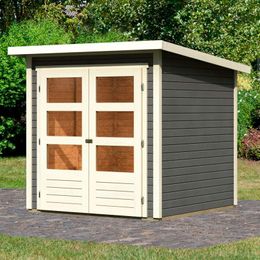 Gartenhaus Karibu "Stockach 2", grau (terragrau), Fußboden im Gartenhaus, ohne Dacheindeckung, Holzwerkstoff, Gartenhäuser, anthrazit, naturbelassen oder terragrau