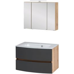 Waschtisch-Set Welltime "Kaunas", grau (matt grau, wotaneiche), B:80cm H:200cm T:49cm, Kastenmöbel-Sets, Breite 80 cm, Soft-Close-Funktion