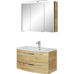 Badmöbel-Set SAPHIR "Serie 7045 2-teilig Mineralmarmor-Waschtisch mit LED-Spiegelschrank", braun (halifax eiche quer nachbildung), B:93,2cm H:200cm T:50,1cm, Spanplatte, Kastenmöbel-Sets, Badezimmer-Set 93,2 cm breit, inkl. Türdämpfer, 3 Türen, 2 Schubladen