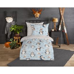 Kinderbettwäsche Good Morning "Jani", blau, B/L: 135cm x 200cm, 1 Stk., 1 Stk., Biber,Flanell, B/L: 80cm x 80cm, 2 Stk., Biber;Flanell, Obermaterial: 100% Baumwolle, Bettwäsche, Biber, 135x200, Warm, Weich, Wende, Reißverschluss, Kind, Winter, Blau