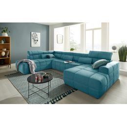 Wohnlandschaft DOMO collection "Brandon, whlw. mit Sitztiefenverstellung, inkl. Nierenkissen", blau (türkis), B:359cm H:80cm T:228cm, Kunstleder SOFTLUX;Luxus-Microfaser in Antikleder-Optik (100% Polyester);Luxus-Microfaser (100% Polyester), Sofas, mit Kopfteilverstellung, wahlweise Sitztiefenverstellung, U-Form