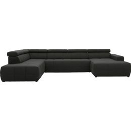 Wohnlandschaft DOMO collection "Brandon, whlw. mit Sitztiefenverstellung, inkl. Nierenkissen", schwarz, B:359cm H:80cm T:228cm, Kunstleder SOFTLUX;Luxus-Microfaser in Antikleder-Optik (100% Polyester);Luxus-Microfaser (100% Polyester), Sofas, mit Kopfteilverstellung, wahlweise Sitztiefenverstellung, U-Form
