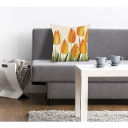 Dekokissen queence "Holli", grün (grün, orange, bedruckt), B:40cm L:40cm, Polyester, Dekokissen_Sitzkissen_Kissenhüllen, mit orangenen Tulpen