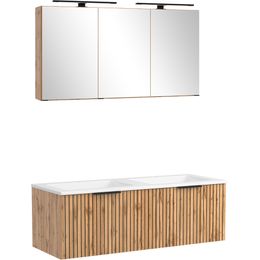 Badmöbel-Set Welltime "Welltime, Carlton Waschtisch-Set, 80 oder 120 cm, gestreift", schwarz (wotnaeiche, schwarz), Set 13: 2tlg. Waschtisch-Set 120cm: Spiegelschrank 120cm und Waschtischmit weißem Auflagebecken, Spanplatte, Kastenmöbel-Sets