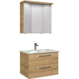 Badmöbel-Set SAPHIR "Trentino 2-teilig Glas-Waschtisch mit LED-Spiegelschrank", braun (riviera eiche quer nb), Kastenmöbel-Sets, Badmöbel-Set 77cm breit, inkl. Türdämpfer, 3 Türen, 2 Auszügen