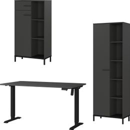 Büromöbel-Set Germania "GW-Rovigo", grau (graphit, schwarz), B:298cm H:190cm T:80cm, Metall, Spanplatte, Arbeitsmöbel-Sets, Schreibtisch elektrisch höhenverstellbar