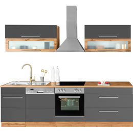 Küchenzeile KOCHSTATION "KS-Wien", grau (küche: grau, front: anthrazit, korpus: wotaneichefarben, arbeitsplatte: wotaneichefarben), B:270cm T:60cm, Komplettküchen-Sets, Küchenzeile, Breite 270 cm, wahlweise mit E-Geräten