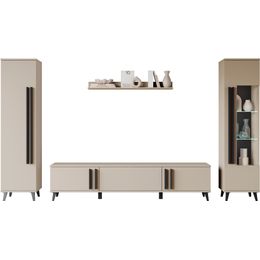 Wohnwand Inosign "Helsinki, Modernes Set mit verglaster Vitrine", braun (congo), B:260cm T:33cm, Holzwerkstoff, Kastenmöbel-Sets, mit lamellengriffen, verstellbaren Einlegeböden und Kunststofffüßen