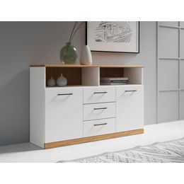 Sideboard Home Affaire "Ribe,130cm breit,80cm hoch,Oberplatte Holz massiv,6 Fächer", weiß (weis, eiche), B:130cm T:35cm, FSC-zertifizierter Holzwerkstoff, Massivholz, Sideboards, Oberplatte Eiche massiv,schwarze Metall Griffe