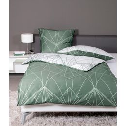 Wendebettwäsche Janine "J. D. 87054", grün (salbeigrün), B/L: 155cm x 220cm, 1 Stk., 1 Stk., Feinbiber, B/L: 80cm x 80cm, 2 Stk., Feinbiber, Obermaterial: 100% Baumwolle, Bettwäsche, Bettwäsche aus Baumwolle mit grafischem Muster, Markenreißverschluss