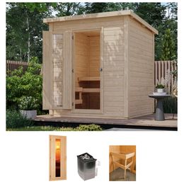 Saunahaus Karibu "Talo 2", beige (naturbelassen), Saunaofen, integrierte Steuerung, 9 kW, Saunen, Ofen 9 kW, integrierte Steuerung