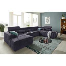 Wohnlandschaft DOMO collection "Brandon, whlw. mit Sitztiefenverstellung, inkl. Nierenkissen", blau (dunkelblau), B:359cm H:80cm T:228cm, Kunstleder SOFTLUX;Luxus-Microfaser in Antikleder-Optik (100% Polyester);Luxus-Microfaser (100% Polyester), Sofas, mit Kopfteilverstellung, wahlweise Sitztiefenverstellung, U-Form
