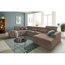 Wohnlandschaft DOMO collection "Brandon, whlw. mit Sitztiefenverstellung, inkl. Nierenkissen", braun (cappucino), B:359cm H:80cm T:228cm, Kunstleder SOFTLUX;Luxus-Microfaser in Antikleder-Optik (100% Polyester);Luxus-Microfaser (100% Polyester), Sofas, mit Kopfteilverstellung, wahlweise Sitztiefenverstellung, U-Form