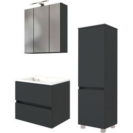 Badmöbel-Set Welltime "Welltime Möbel Baabe Waschtisch-Set 3tlg. oder 5tlg.", grau (matt grau), Set 1 3tlg.: Waschtisch 60cm breit, Spiegelschrank 60cm breit, Midischrank, Holzwerkstoff, Kastenmöbel-Sets, gedämpfte Scharniere und Softclose-Funktion, inklusive LED-Beleuchtung