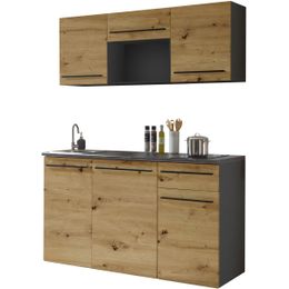 Pantryküche BASIC BY BALCULINA "Jazz Singleküche", beige (küche: natur, korpus: anthrazit, arbeitsplatte: metallic graubraun), B:160cm T:60cm, Komplettküchen-Sets, Küchenzeile, Breite 160 cm, wahlweise mit E-Geräten und Mikrowelle