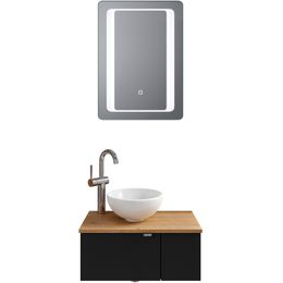 Badmöbel-Set SAPHIR "Serie 6915", schwarz (schwarz matt select, halifax eiche), B:61 T:35, Kastenmöbel-Sets, Gäste-Bad, 61 cm breit, mit LED-Spiegel, offenem Fach und 2 Türen