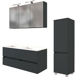 Badmöbel-Set Welltime "Welltime Möbel Baabe Waschtisch-Set 3tlg. oder 5tlg.", grau (matt grau), Set 4 3tlg.: Waschtisch 120cm breit, Spiegelschrank 120cm breit, Midischrank, Holzwerkstoff, Kastenmöbel-Sets, gedämpfte Scharniere und Softclose-Funktion, inklusive LED-Beleuchtung