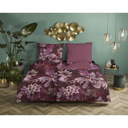 Wendebettwäsche Descanso "Farze", bunt (bordeaux, rot), B/L: 135cm x 200cm, 1 Stk., 1 Stk., Satin (Bio-Baumwolle), B/L: 80cm x 80cm, 2 Stk., Satin (Bio-Baumwolle), Obermaterial: 100% Baumwolle, Bettwäsche, Baumwolle, Mako Satin, 135x200, Biese, Reißverschluss, Wende, Blumen