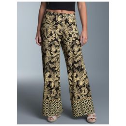Jerseyhose TRIGEMA "TRIGEMA Hüfthose mit floralem Allover-Print", Damen, Gr. S, US-Größen, schwarz, 94% Viskose, 6% Elastan, Hosen
