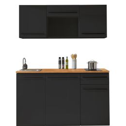 Pantryküche BASIC BY BALCULINA "Jazz Singleküche", schwarz (küche: schwarz, korpus: schwarz matt, arbeitsplatte: lanzelot eichefarben), B:160cm T:60cm, Komplettküchen-Sets, Küchenzeile, Breite 160 cm, wahlweise mit E-Geräten und Mikrowelle