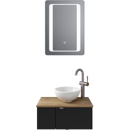 Badmöbel-Set SAPHIR "Serie 6915", schwarz (schwarz matt select, riviera eiche), B:61cm T:35cm, Kastenmöbel-Sets, Gäste-Bad, 61 cm breit, mit LED-Spiegel, offenem Fach und 2 Türen