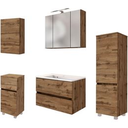 Badmöbel-Set Welltime "Welltime Möbel Baabe Waschtisch-Set 3tlg. oder 5tlg.", braun (wotaneiche), Set 10 5tlg.: Waschtisch 80cm breit, Spiegelschrank 80cm breit, Hängeschrank, Unterschrank, Midischrank, Holzwerkstoff, Kastenmöbel-Sets, gedämpfte Scharniere und Softclose-Funktion, inklusive LED-Beleuchtung
