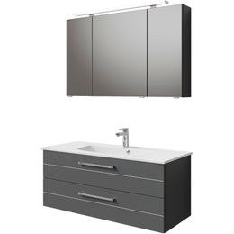 Badmöbel-Set SAPHIR "Serie 6025 2-teilig Mineralmarmor-Waschtisch mit LED-Spiegelschrank", grau (quarzgrau matt select), B:117cm H:200cm T:48cm, Spanplatte, Kastenmöbel-Sets, Waschplatz 117cm breit, 2 Schubladen, 3 Spiegel-Türen, inkl Türdämpfer