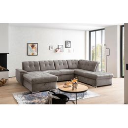 Wohnlandschaft exxpo - SOFA FASHION "Durango, aufwendige Sitz- und R&uuml;ckenverarbeitung, bequem, U-Form", grau (taupe), B:340cm H:92cm T:248cm, Sofas, Wohnlandschaft, inkl. Kopfteilverstellung, wahlweise mit Bettfunktion und Bettkasten