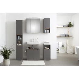 Badmöbel-Set SAPHIR "Quickset 5-teilig, Waschbeckenunterschrank mit LED-Spiegelschrank", grau (quarzgrau matt touch, quarzgrau matt, akzent riviera eiche quer nb), Kastenmöbel-Sets, Hochschrank, Unterschrank, Hängeschrank, inkl. Türdämpfer, 9 Türen