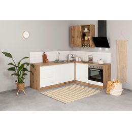 Winkelküche KOCHSTATION "KS-Bruneck", küche: weiß, front: wotaneiche, weiß matt, korpus: wotaneichfarben, arbeitsplatte: wotaneichfarben, B:240cm H:200cm T:180cm, Komplettküchen-Sets, Stellbreite 240/180 cm breit, wahlweise mit oder ohne E-Geräte, MDF