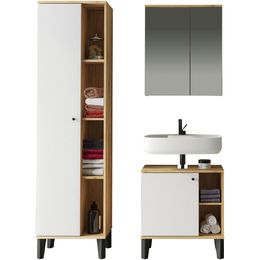 Badmöbel-Set Inosign "OSLO, Bad im skandinavischen Design, 3-teiliges Badezimmer", eiche evoke, weiß, B:121cm H:190cm T:33cm, Holzwerkstoff, Kastenmöbel-Sets, Badschränke und Spiegel, in zwei Farben verfügbar, viel Stauraum