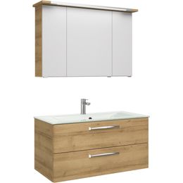 Badmöbel-Set SAPHIR "Trentino 2-teilig Glas-Waschtisch, Spiegelschrank mit LED-Leuchte", braun (riviera eiche quer nb), Kastenmöbel-Sets, Badmöbel-Set 107cm breit, inkl. Türdämpfer, 3 Türen, 2 Auszügen