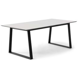 Esstisch HAMMEL FURNITURE "Meza Designtisch mit Auszugsfunktion und 2 Einlegeplatten", weiß (weiß, schwarz, weiß), B:210cm H:73,5cm, Tischplatte: Weiss Laminat (schwarzer Rand), Gestell: Pulverbeschichtetes schwarzes Metall, RAL9005 matt, Tische, rechteckige Tischplatte MDF, Trapez Metallgestell