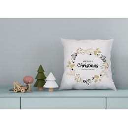 Dekokissen queence "Carolina", gold (goldfarben, bedruckt), B:40cm L:40cm, Polyester, Dekokissen_Sitzkissen_Kissenhüllen, Kissenhülle,Merry Christmas,Weiß,Weihnachtsmotiv,Festlich,Winterlich