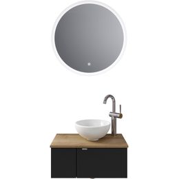 Badmöbel-Set SAPHIR "Serie 6915", schwarz (schwarz matt select, riviera eiche), B:70 H:200 T:35, Kastenmöbel-Sets, Gäste-Bad, 70 cm breit, mit LED-Spiegel, offenem Fach und 2 Türen
