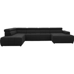 Wohnlandschaft DOMO collection "Brandon, whlw. mit Sitztiefenverstellung, inkl. Nierenkissen", schwarz, B:359cm H:80cm T:228cm, Kunstleder SOFTLUX;Luxus-Microfaser in Antikleder-Optik (100% Polyester);Luxus-Microfaser (100% Polyester), Sofas, mit Kopfteilverstellung, wahlweise Sitztiefenverstellung, U-Form, Topseller
