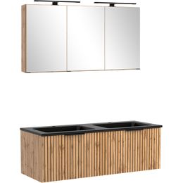 Badmöbel-Set Welltime "Welltime, Carlton Waschtisch-Set, 80 oder 120 cm, gestreift", schwarz (wotnaeiche, schwarz), Set 14: 2tlg. Waschtisch-Set 120cm: Spiegelschrank 120cm und Waschtischmit schwarzem Auflagebecken, Spanplatte, Kastenmöbel-Sets