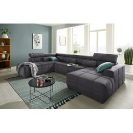 Wohnlandschaft DOMO collection "Brandon, whlw. mit Sitztiefenverstellung, inkl. Nierenkissen", grau (dunkelgrau), B:359cm H:80cm T:228cm, Kunstleder SOFTLUX;Luxus-Microfaser in Antikleder-Optik (100% Polyester);Luxus-Microfaser (100% Polyester), Sofas, mit Kopfteilverstellung, wahlweise Sitztiefenverstellung, U-Form