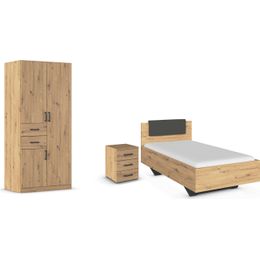 Schlafzimmer-Set Rauch "Komplettzimmer Komplettschlafzimmer Schlafzimmer-Set (3-St.) MAIKA", schwarz (eiche artisan, lederoptik schwarz), Schrank Breite 91cm, H&ouml;he 197 + ohne Matratze, B/H: 100cm x 200cm, Schrank Breite 91cm, H&ouml;he 197, Holzwerkstoff, Schlafzimmerm&ouml;bel-Sets, Schrank 3 Breiten, 2 H&ouml;hen, Bett 100 cm, Nachttisch MADE IN GERMANY