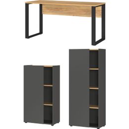 Büromöbel-Set Germania "Adrano", schwarz (navarra, eiche, nachbildung, schwarz), B:302 H:145 T:90, Arbeitsmöbel-Sets, Tür schließt nur 2/3 des Schranks