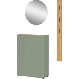 Garderoben-Set Germania "Alviano", grün (taupegrün, navarra, eiche, nachbildung), mit Garderobenpaneel, Glas, Spanplatte, Kastenmöbel-Sets, mit rundem Spiegel, optional mit Hakenpaneel, Made in Germany