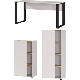 Büromöbel-Set Germania "Adrano", beige (kaschmir, schwarz), B:302cm H:145cm T:90cm, Arbeitsmöbel-Sets, Tür schließt nur 2/3 des Schranks