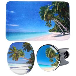 Badaccessoire-Set Sanilo "Karibik", grün (grün, blau), Kunststoff, MDF, Polyester, Badaccessoires-Sets, bestehend aus WC-Sitz, Badteppich und Waschbeckenstöpsel