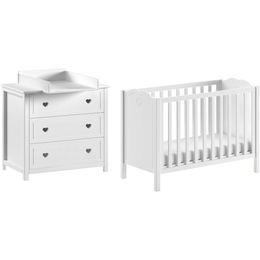 Babyzimmer-Komplettset Vipack "Amori 3-tlg. mit Herz-Ornamenten, MDF/Massiv weiß lackiert", weiß, ohne Matratze, B/H: 60cm x 120cm, Schlafzimmermöbel-Sets