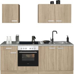 Küchenzeile Optifit "Leer Breite 210 cm", beige (küche: natur, front: eiche hell, korpus: eiche hell, arbeitsplatte: marmor grau), B:210cm T:60cm, Komplettküchen-Sets, Küchenzeile, mit Hanseatic-Geräten, wahlweise mit Geschirrspüler