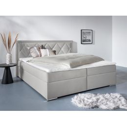 Boxbett LEONIQUE "Alfie, Bestseller, wahlweise mit Bettkasten", grau (hellgrau), L:206cm, Bezug Bett: Samtvelours (100% Polyester), Bezug der Spiegelfläche Matratzendrell aus 100% Polyester. Topperbezug abnehmbar und waschbar bis 30º C, aus 100% Polyester, Komplettbetten, Boxspringbett, mit Straßsteinen im Kopfteil, H2, H3 und H4 wählbar, Topseller