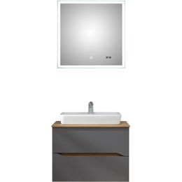 Badmöbel-Set SAPHIR "Quickset 2-teilig, Keramik-Aufsatzbecken mit LED-Spiegel", grau (quarzgrau matt touch, quarzgrau matt, akzent riviera eiche quer nb), Kastenmöbel-Sets, Waschplatz 73 cm breit, inkl. Türdämpfer, 2 Schubladen