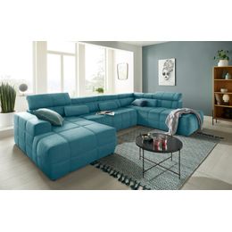 Wohnlandschaft DOMO collection "Brandon, whlw. mit Sitztiefenverstellung, inkl. Nierenkissen", blau (türkis), B:359cm H:80cm T:228cm, Kunstleder SOFTLUX;Luxus-Microfaser in Antikleder-Optik (100% Polyester);Luxus-Microfaser (100% Polyester), Sofas, mit Kopfteilverstellung, wahlweise Sitztiefenverstellung, U-Form