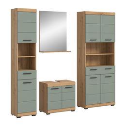 Badmöbel-Set Inosign "Siena, 4 teilig, bestehend aus:", grün (artisan eiche nb, salbei nb), B:186cm T:34cm, Holzwerkstoff, MDF, Kastenmöbel-Sets, Hochschrank, Waschbeckenunterschrank, Badspiegel, Hochschrank breit