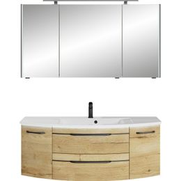 Badmöbel-Set SAPHIR "Serie 7045 2-teilig Mineralmarmor-Waschtisch mit LED-Spiegelschrank", braun (halifax eiche quer nachbildung), B:133,2cm H:200cm T:49,8cm, Spanplatte, Kastenmöbel-Sets, Badezimmer-Set 133,2 cm breit, inkl. Türdämpfer, 5 Türen, 2 Schubladen